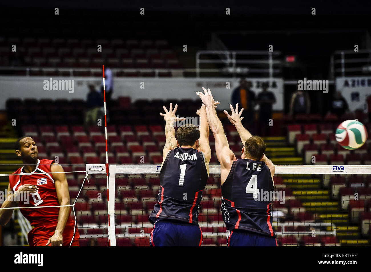 Detroit, Michigan, USA. 24th May, 2015. Rolando Cepeda #8 (Cuba) spikes the ball during a ...