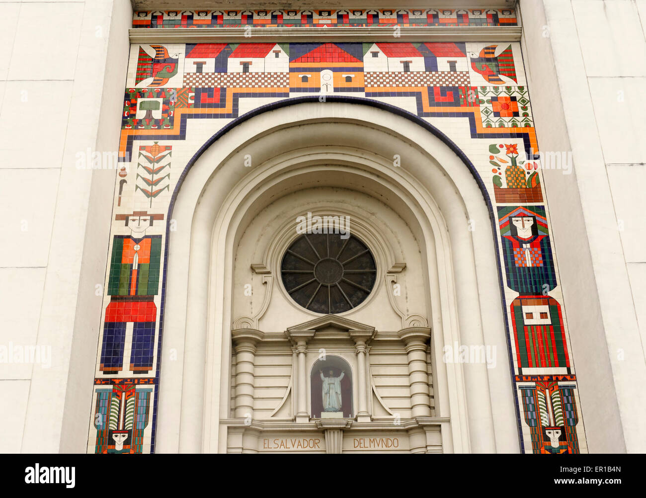 Mosaic designs by Salvadoran artist Fernando Llort on facade of ...