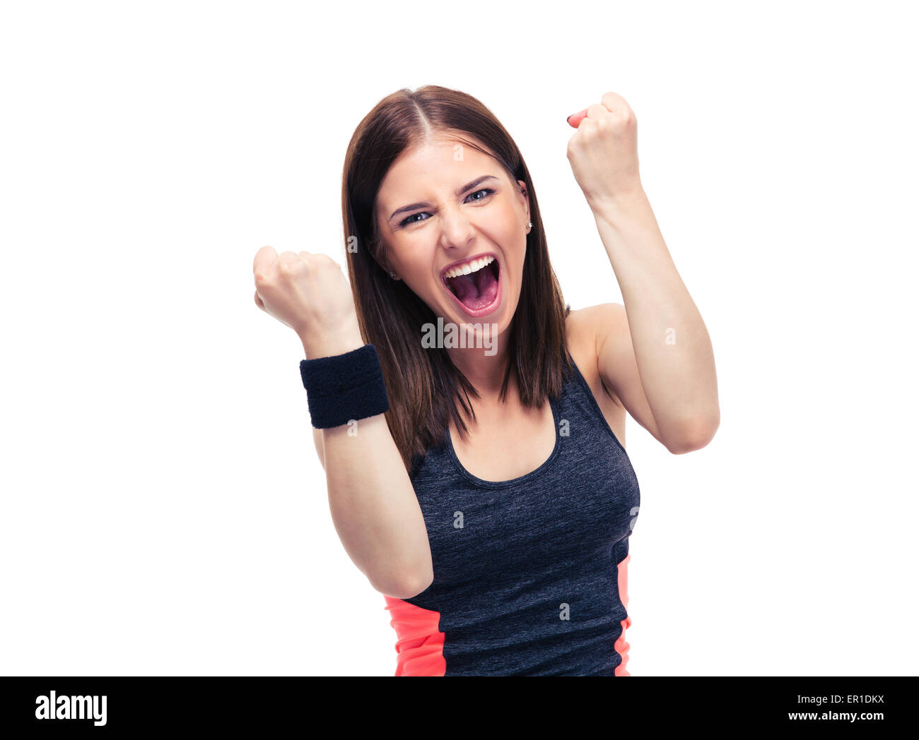 Closeup portrait of a sporty woman celebrating her victory isolated on ...