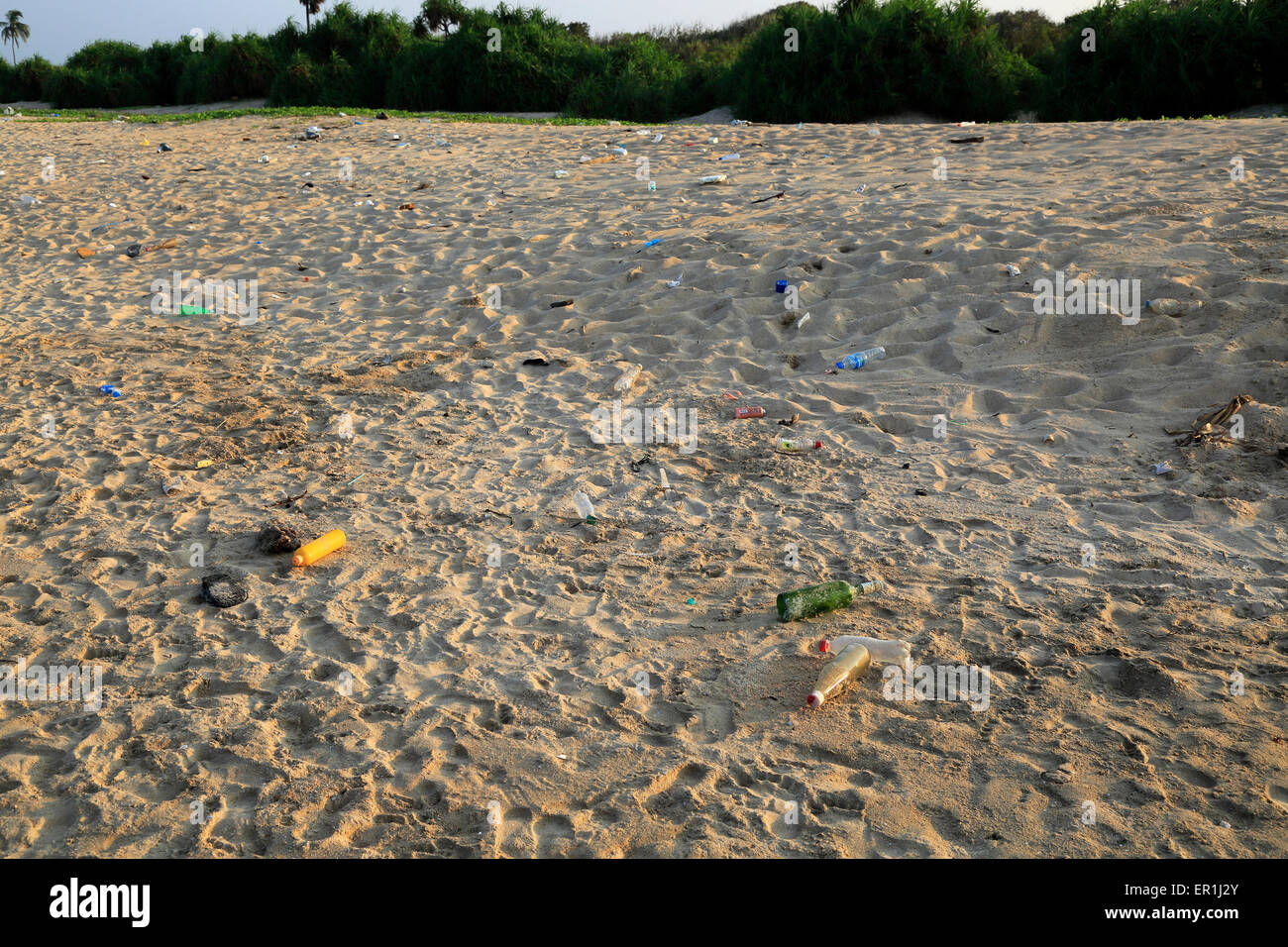 Plastic bottles litter on sandy beach, Nilavelli beach, Trincomalee ...