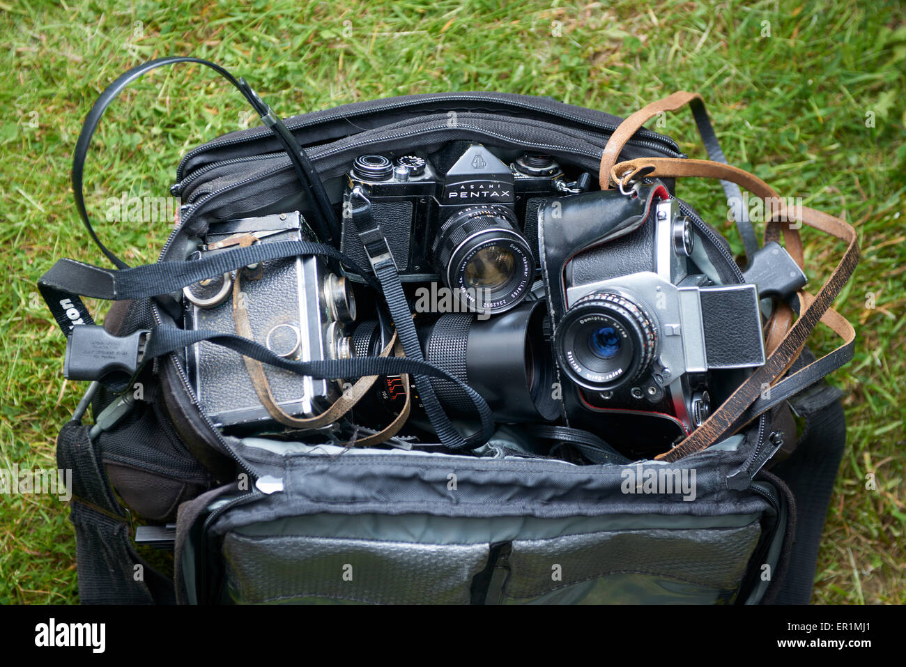 overhead image of group old vintage cameras gear needed for old school ...