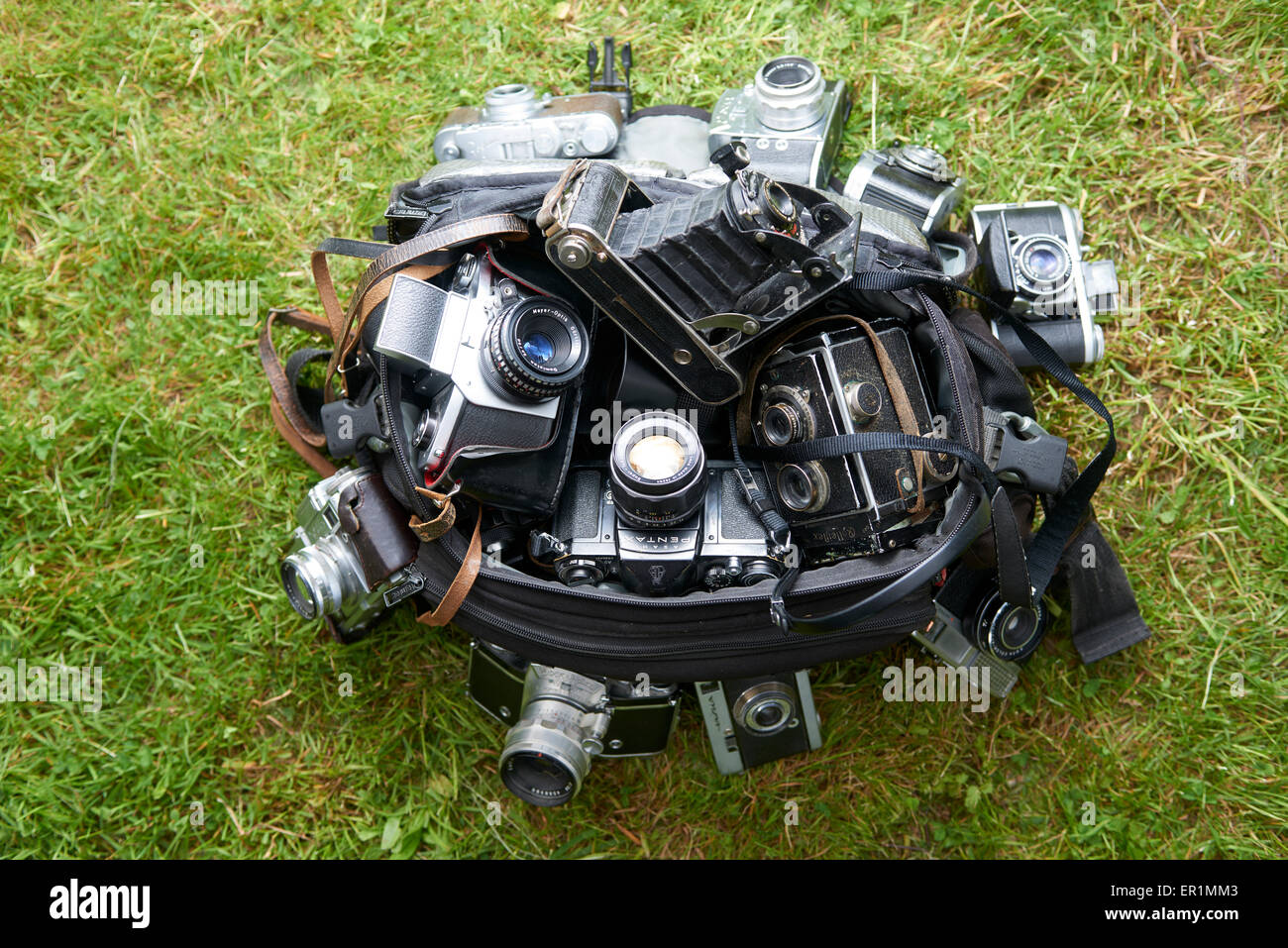 overhead image of group old vintage cameras gear needed for old school ...