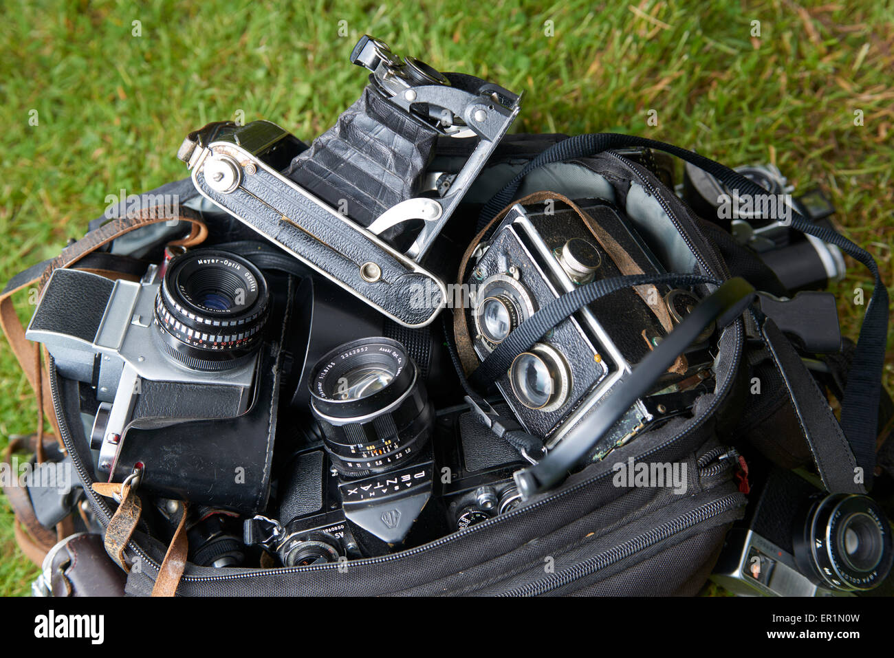 overhead image of group old vintage cameras gear needed for old school ...