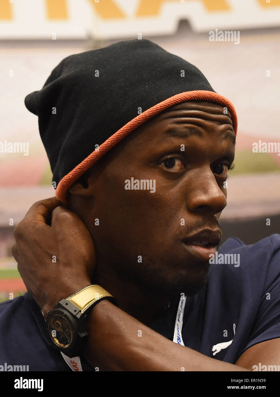The famous Jamaican sprinter Usain Bolt attends a news conference to ...