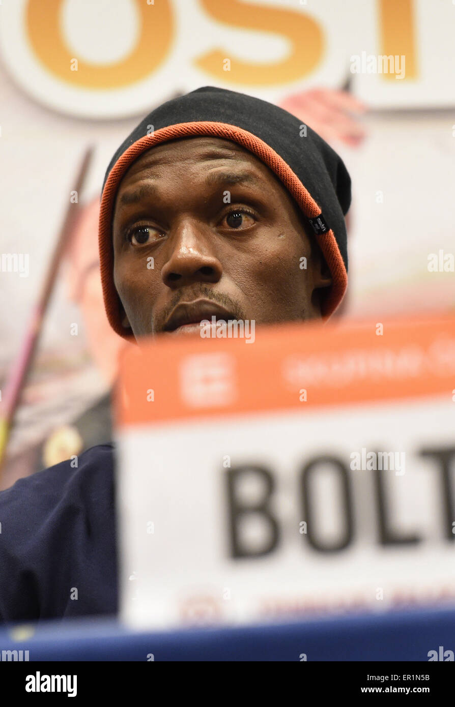 The famous Jamaican sprinter Usain Bolt attends a news conference to ...