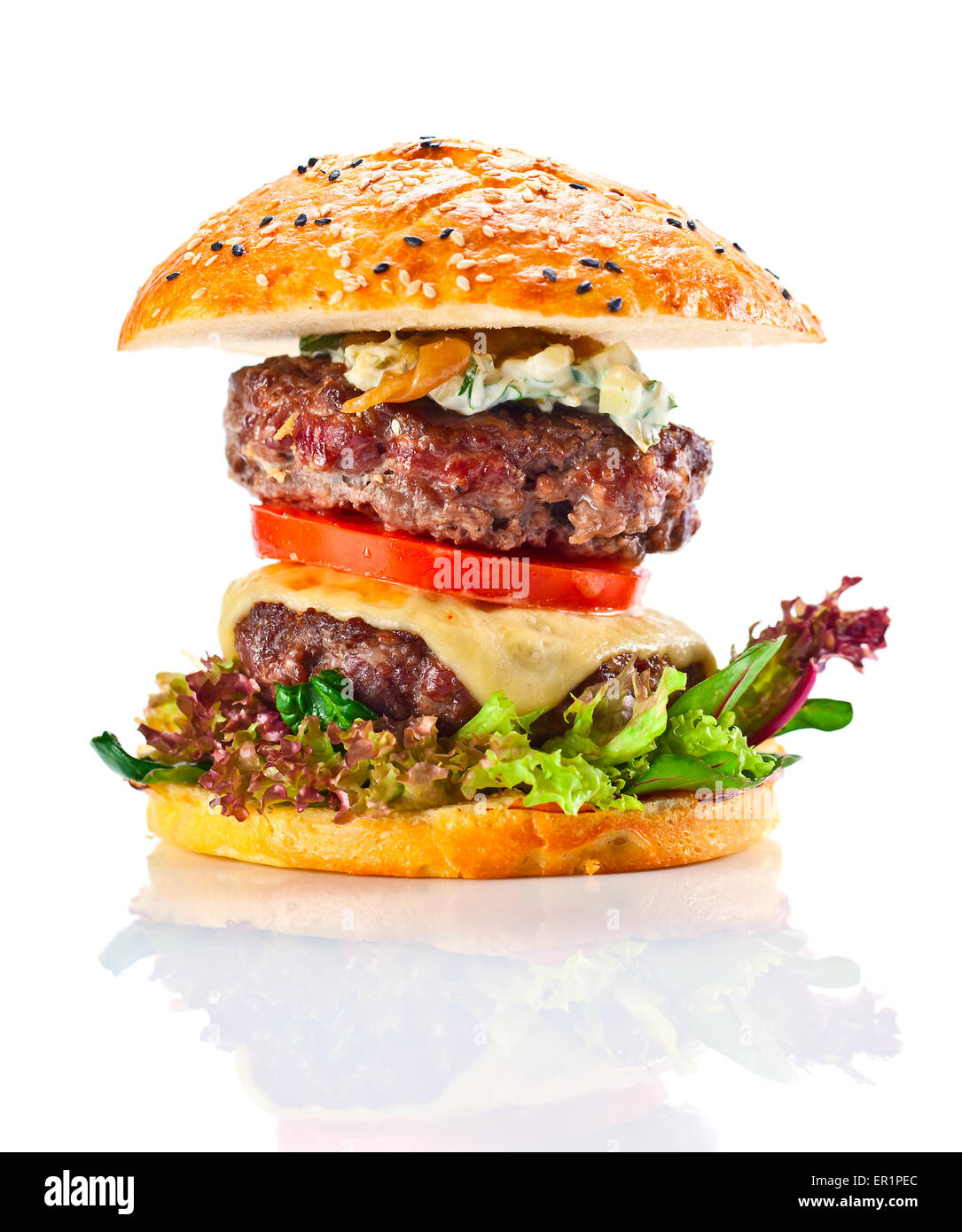 burger isolated on a white reflexive background Stock Photo - Alamy