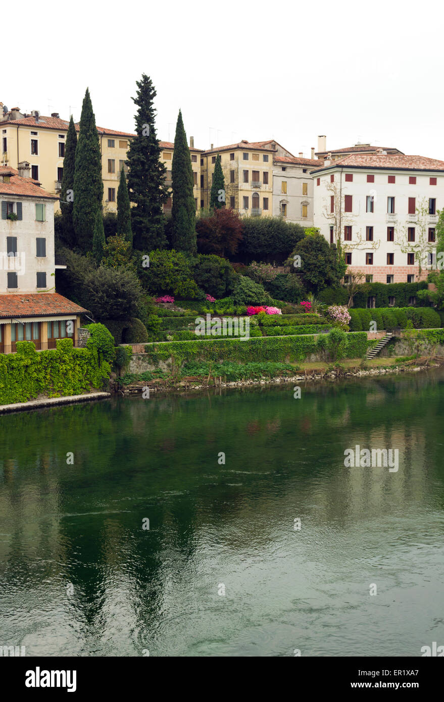 view of the romantic garden of old, Italian village Basano Del Grappa ...
