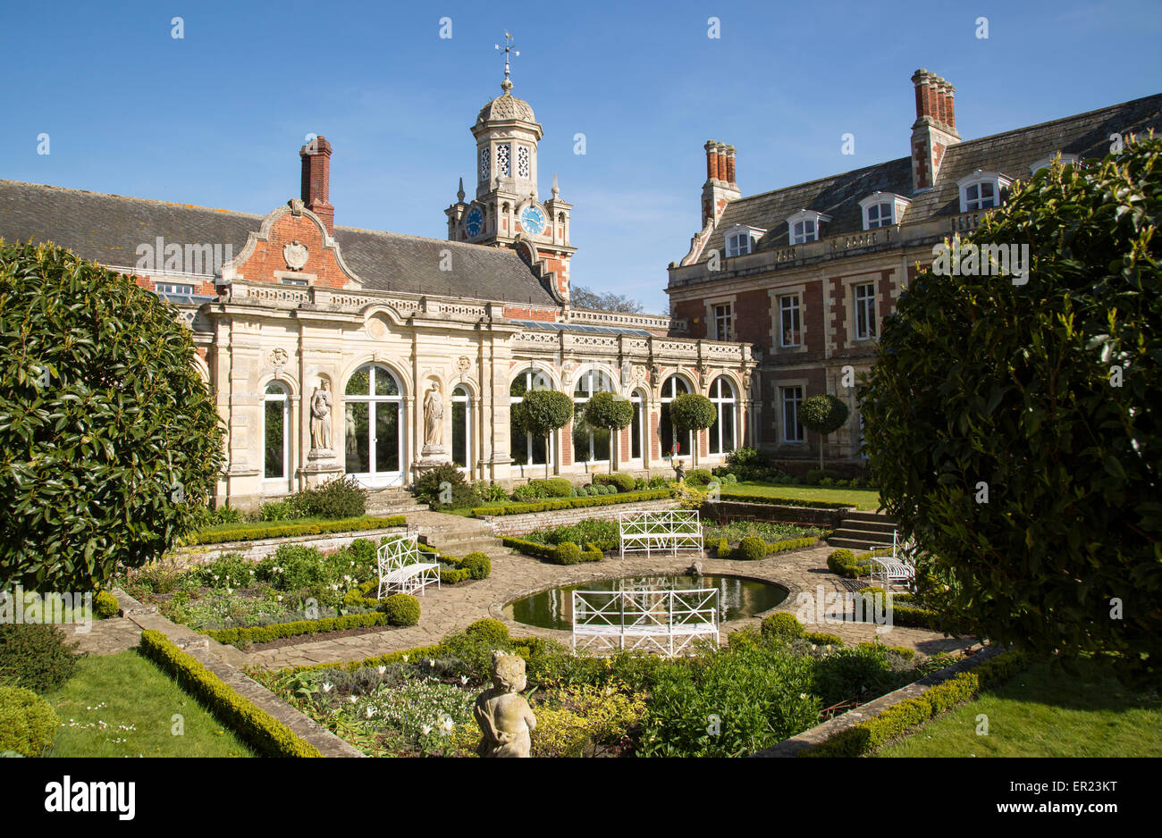 The White Garden and clock tower at Somerleyton Hall country house ...