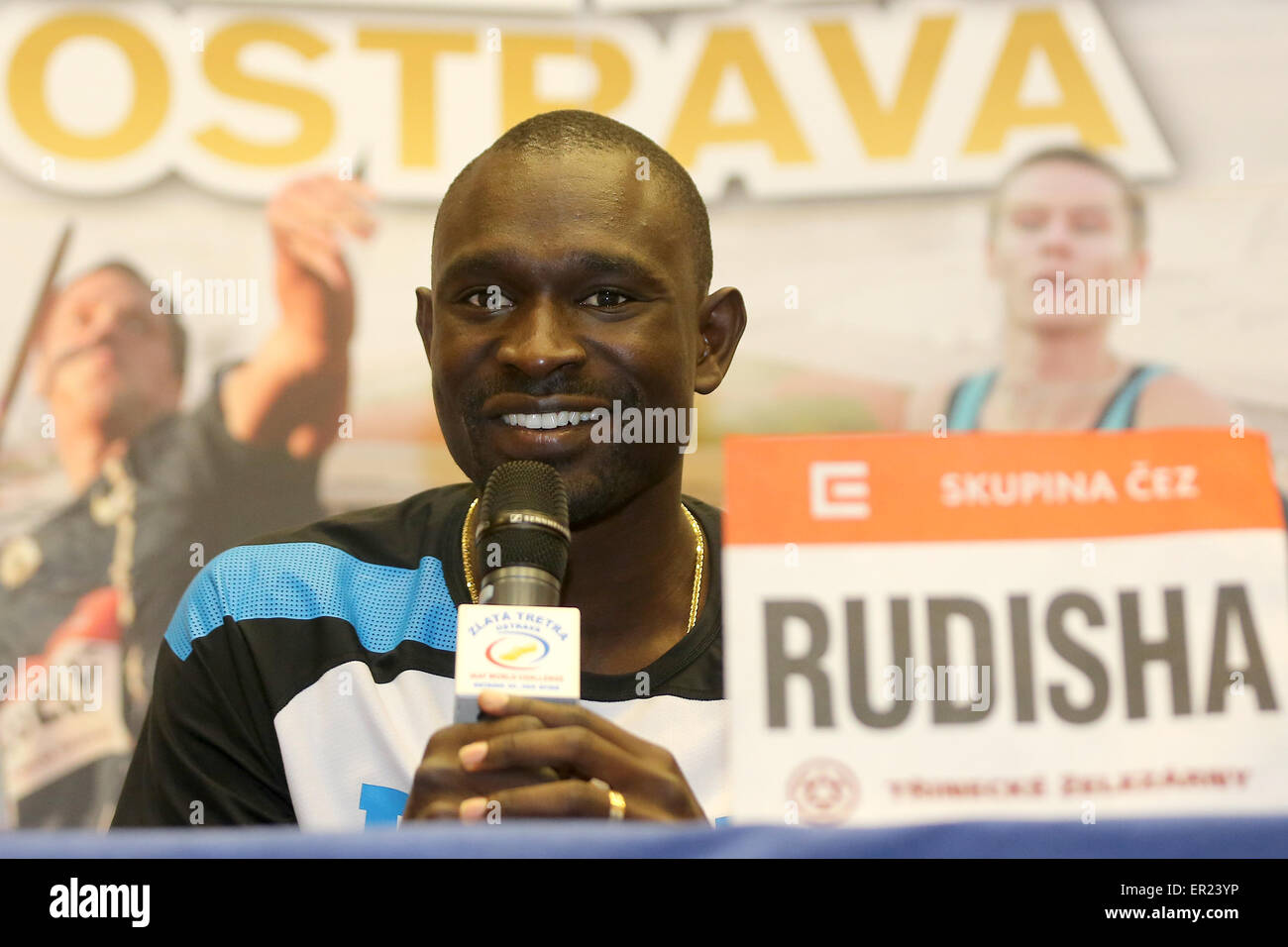 Kenyan runner David Lekuta Rudisha speaks with media during the IAAF ...