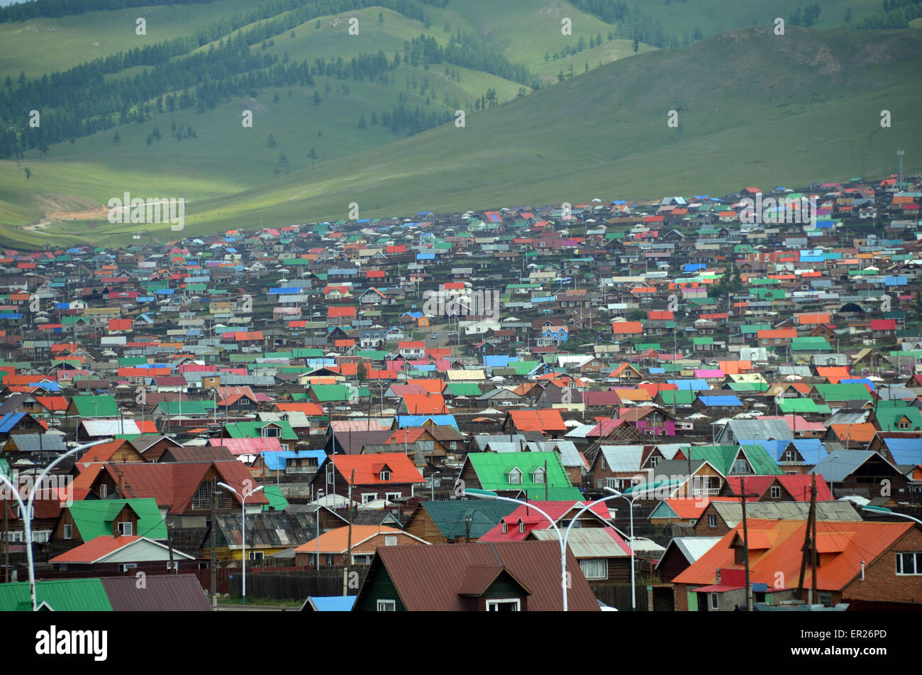 The colored roofs of Erdenet city, in the Bulgan province, northern ...