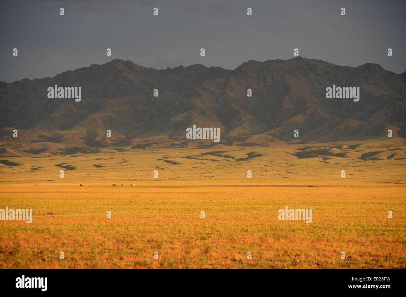 The Gobi desert at sunset west of Dalandzadgad city, Omnogovi province ...
