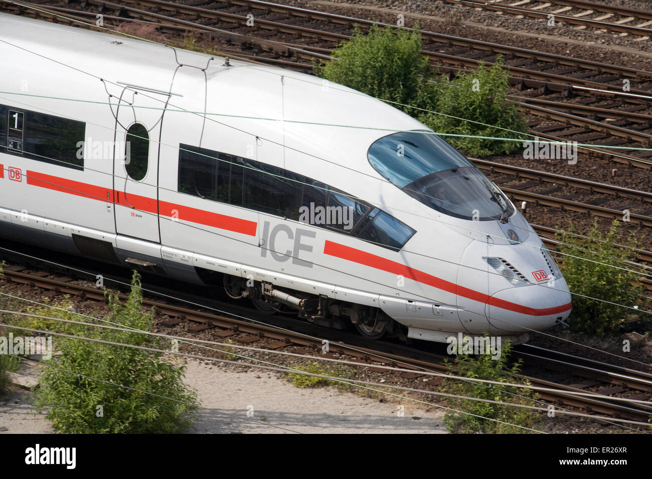 Europe, Germany, Cologne, high-speed train ICE in the town district ...