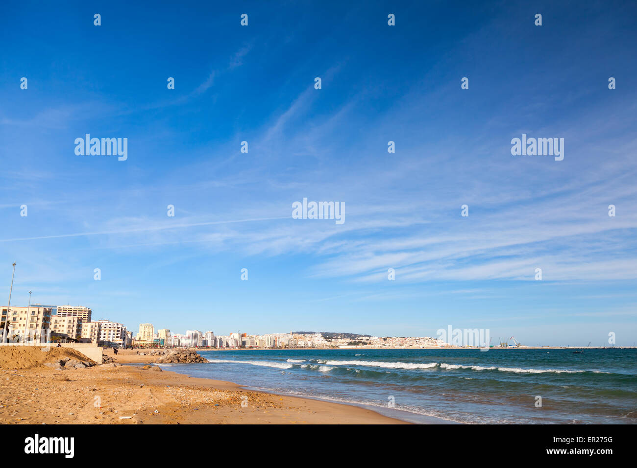 Tangier city and blue cloudy sky, coastal landscape, Morocco, Africa ...
