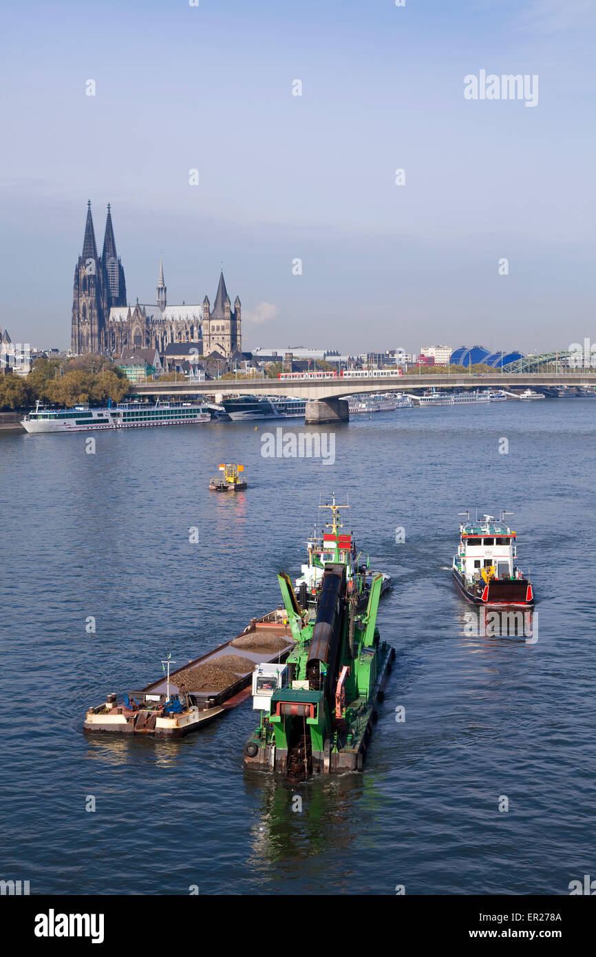 Europe, Germany, Cologne, a dredge deepens the riverbed of the river ...