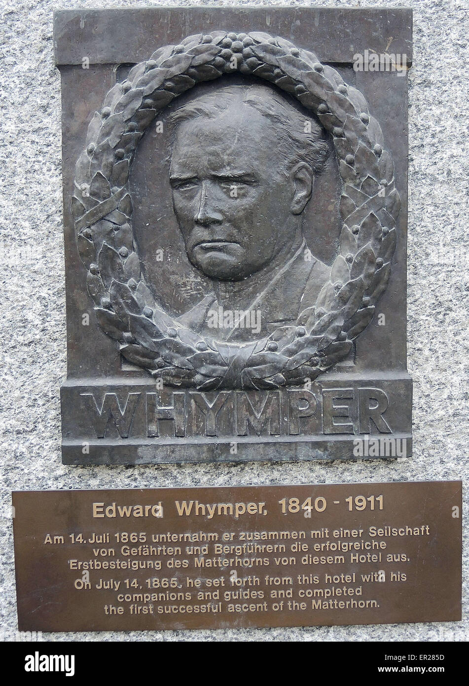 A plaque commemorates mountaineer Edward Whymper known for the first ...