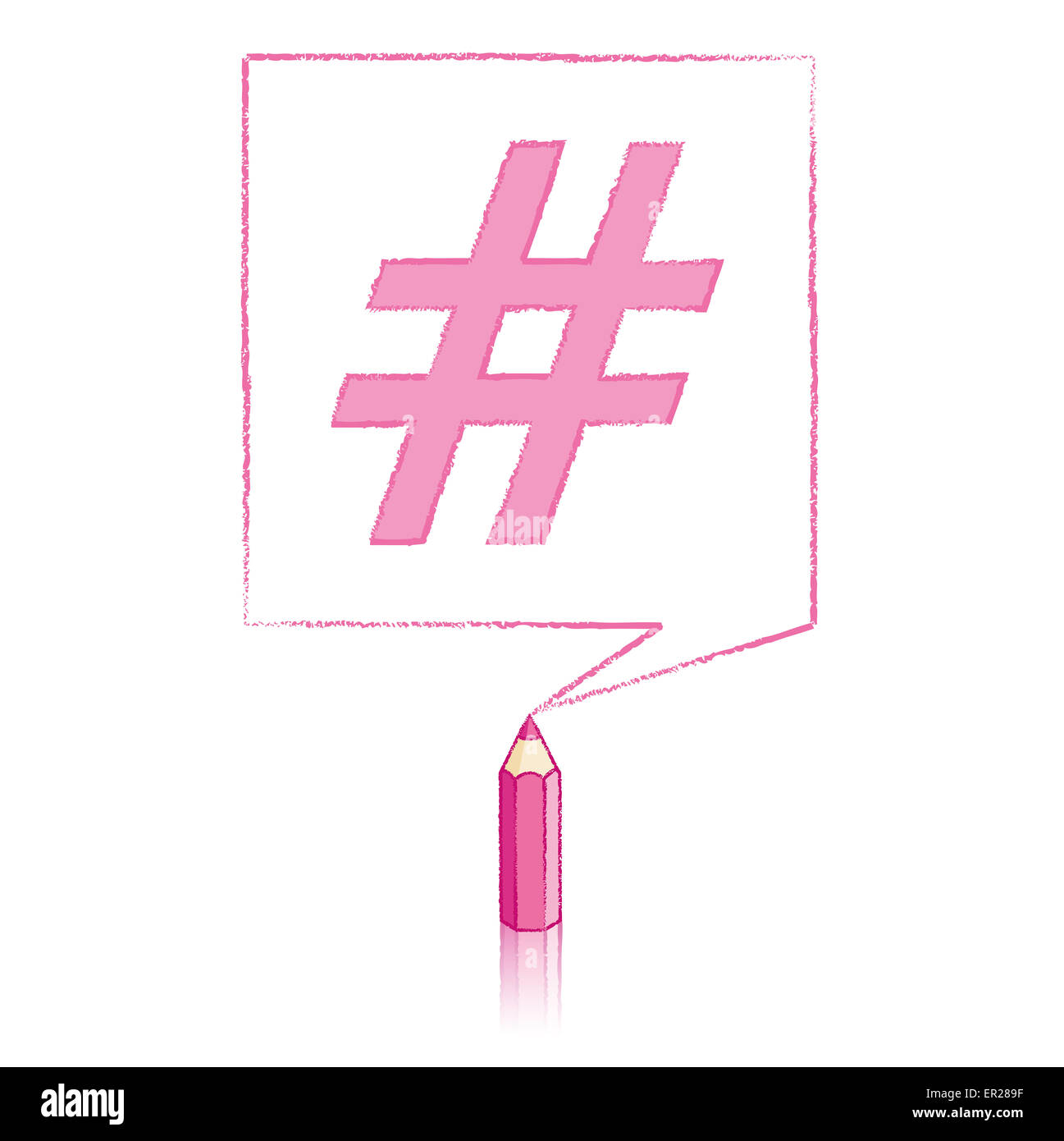 Pink Pencil with Reflection Drawing Hashtag in Square Speech Bubble on ...