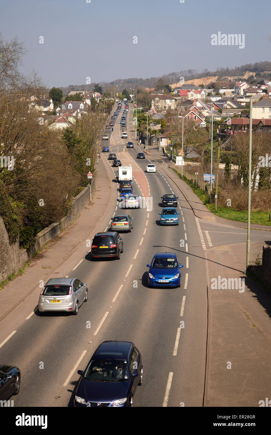 Traffic congestion along main road through village, awaiting completion ...