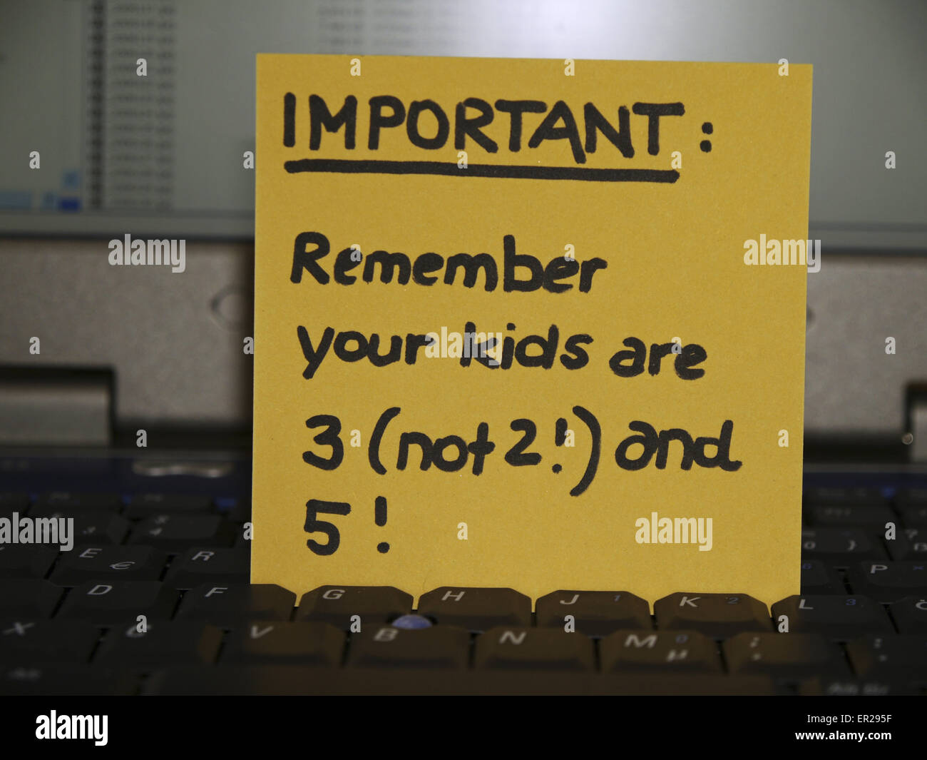 Memo note on notebook, important remember your kids are three (not two ...
