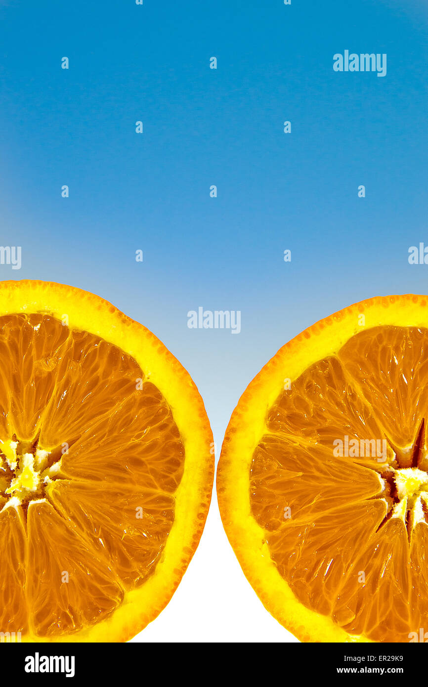Two halves of an orange on the white and blue gradient background. High ...