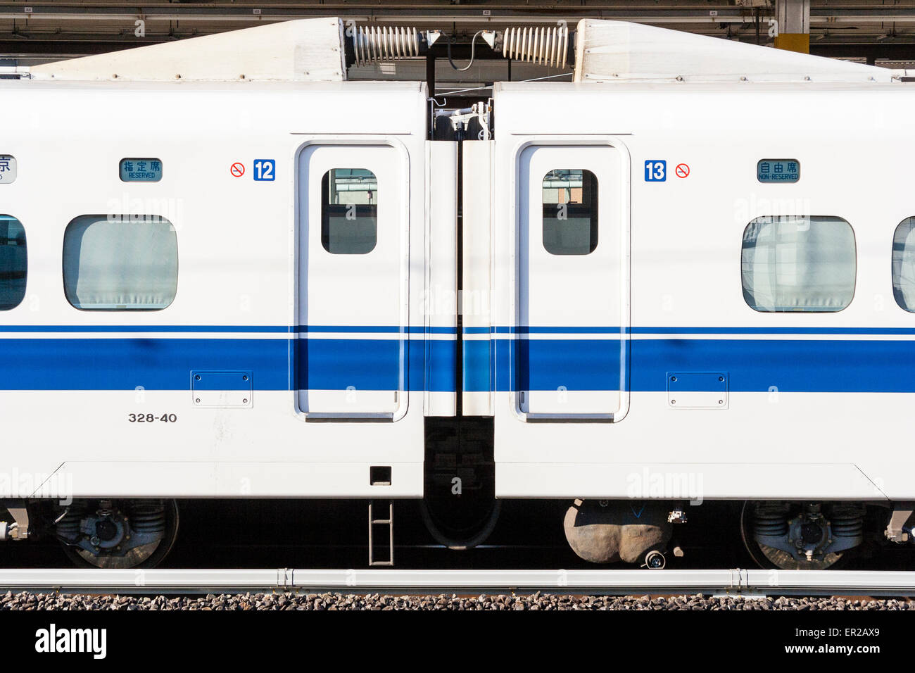 Japanese shinkansen, bullet, train. Connection between carriages 12 and ...