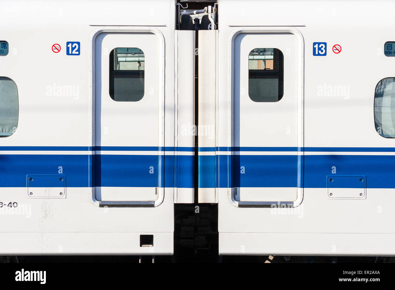 Japanese shinkansen, bullet, train. Connection between carriages 12 and ...