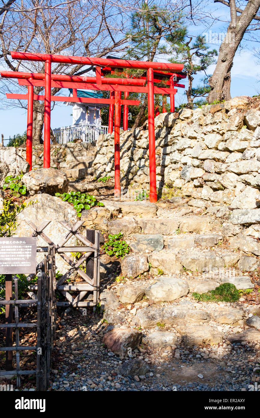 Two vermilion torii gates leading to small Shinto shrine on stone steps ...