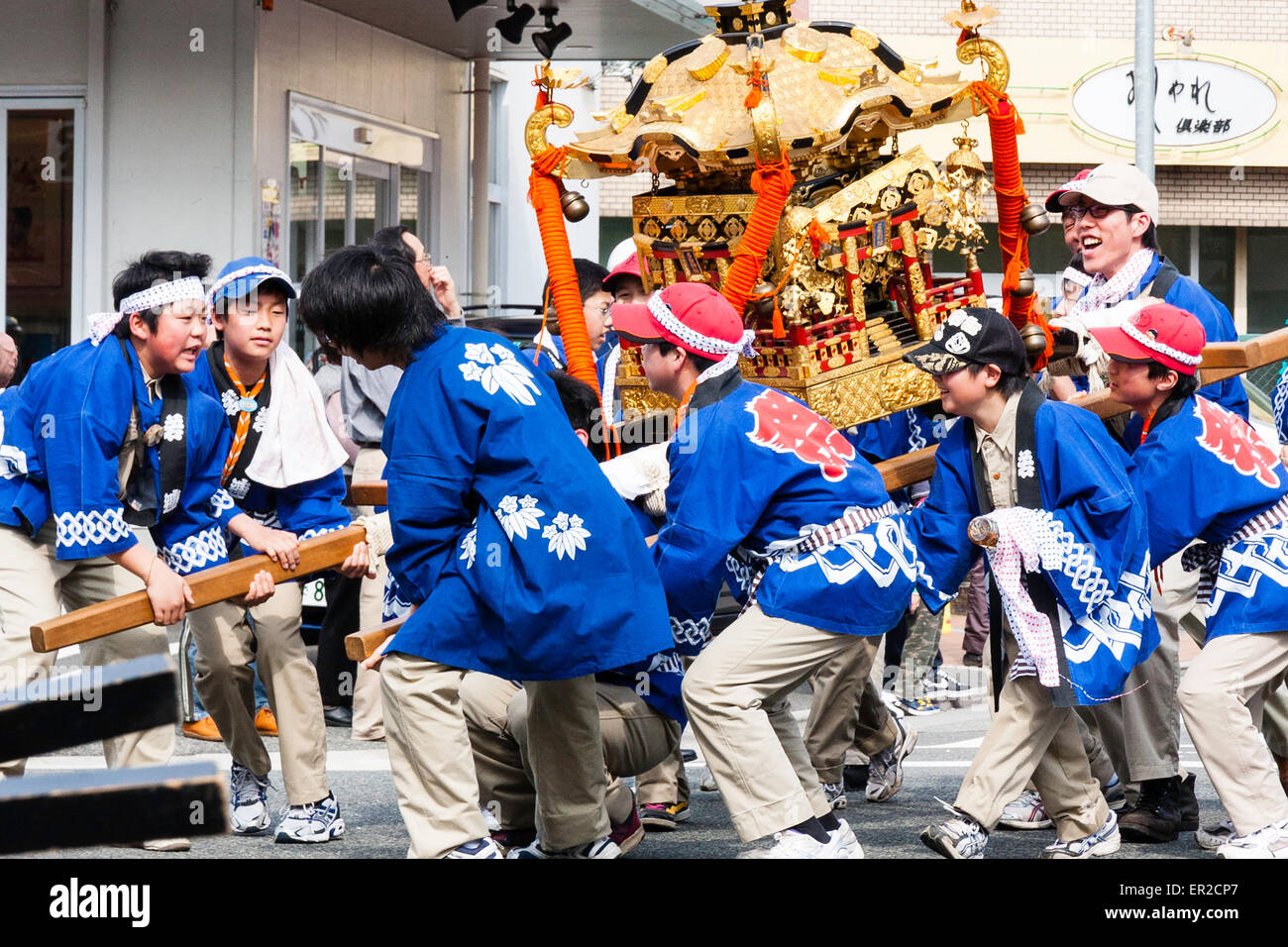 The yearly Genji parade in Tada, Japan. Team of mostly young men ...