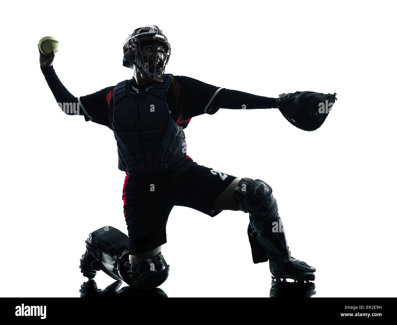 one woman playing softball players in silhouette isolated on white ...