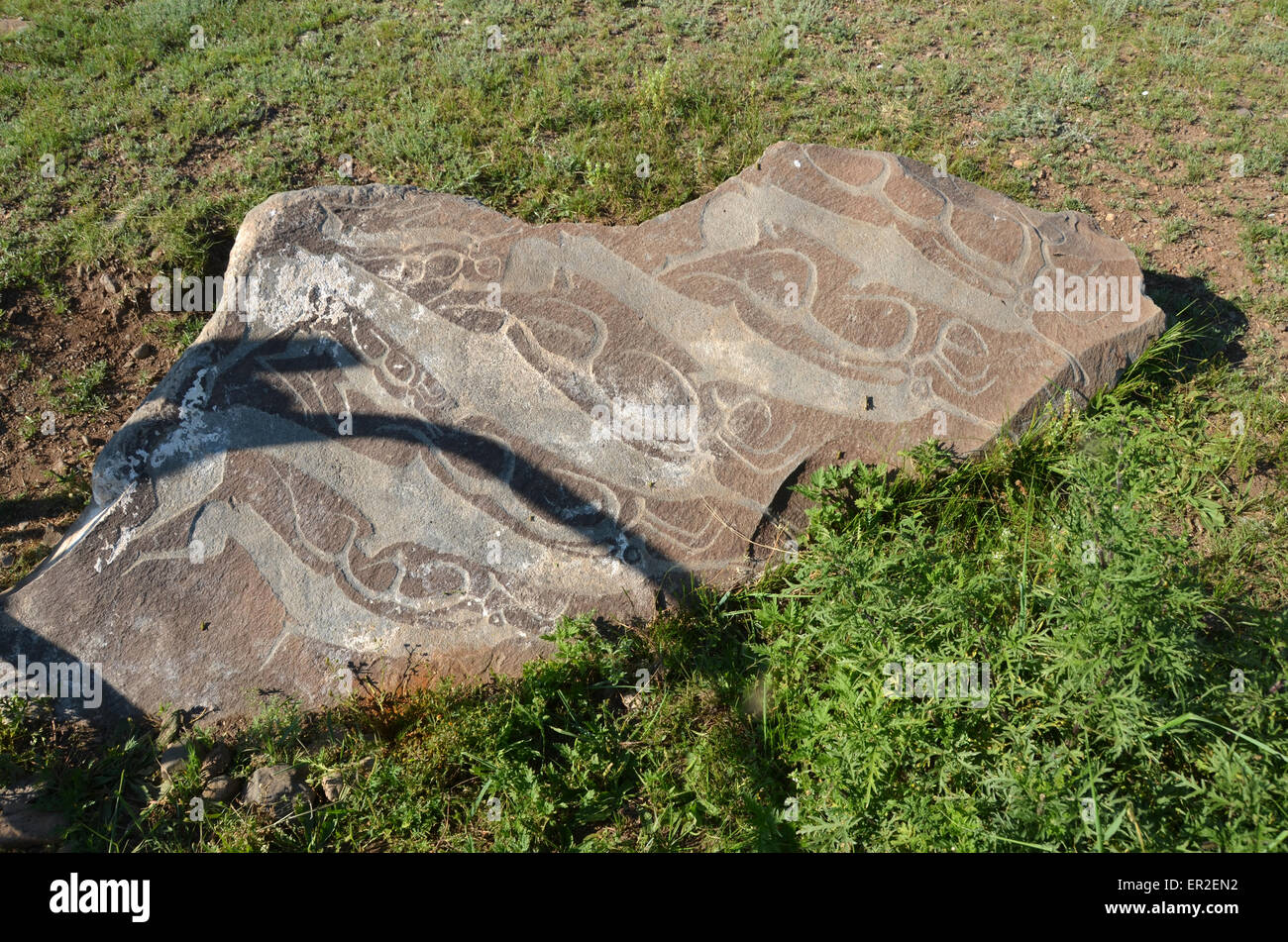 Detail of a deer stone in the village of Orkhon, Bulgan province ...