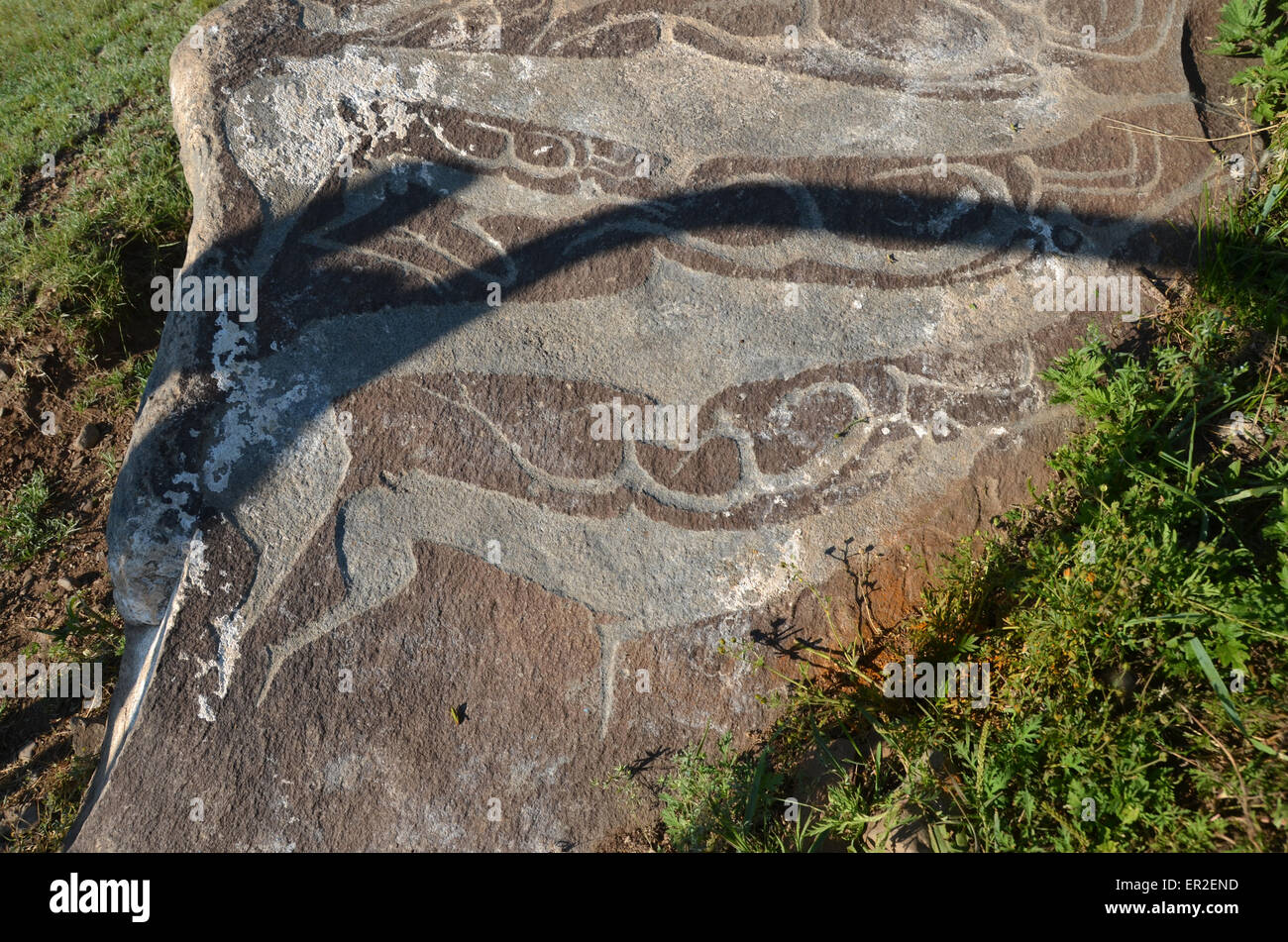 Detail of a deer stone in the village of Orkhon, Bulgan province ...