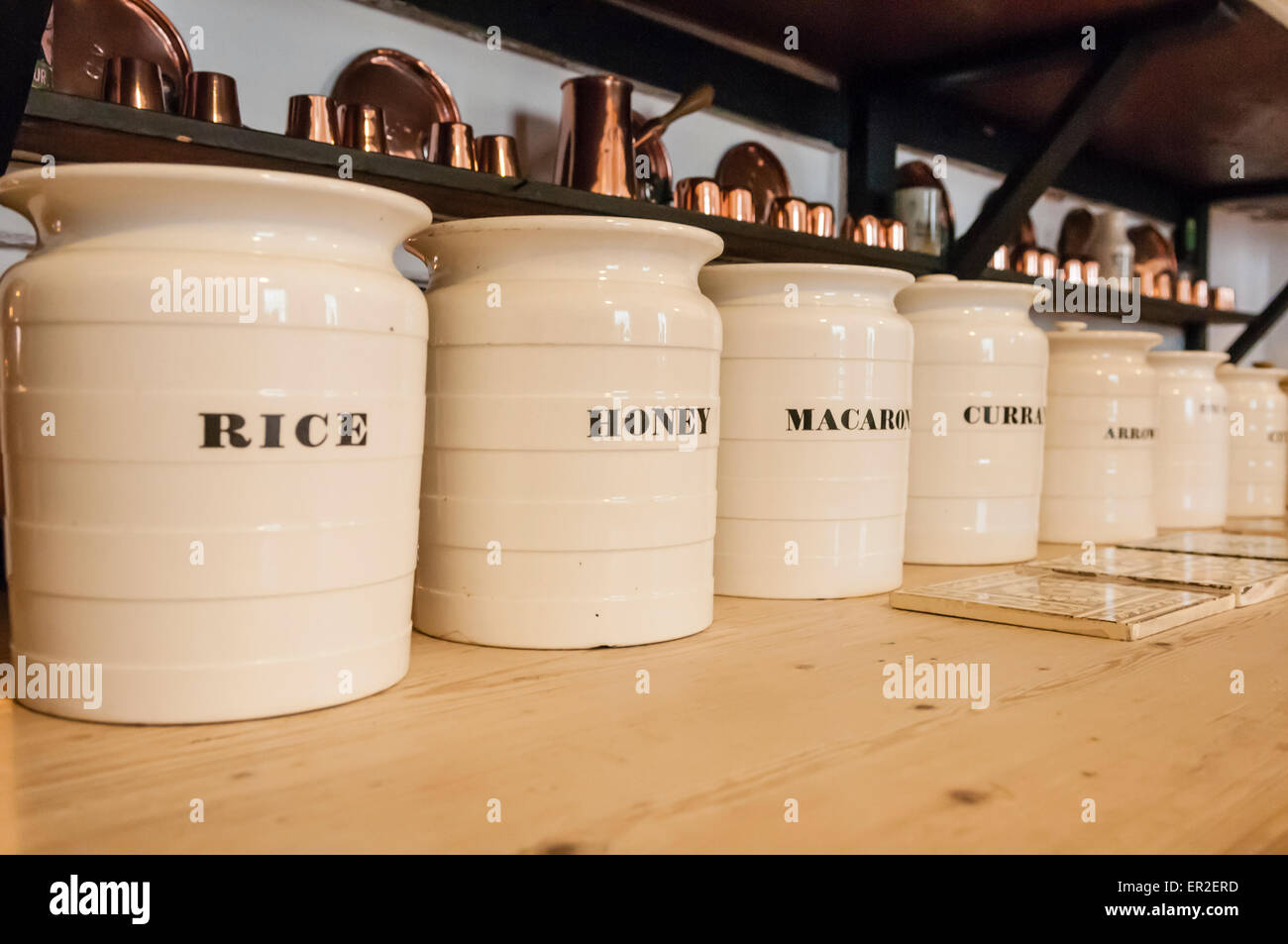 Storage jars for rice, honey, macaroni, currants and arrowroot in a ...