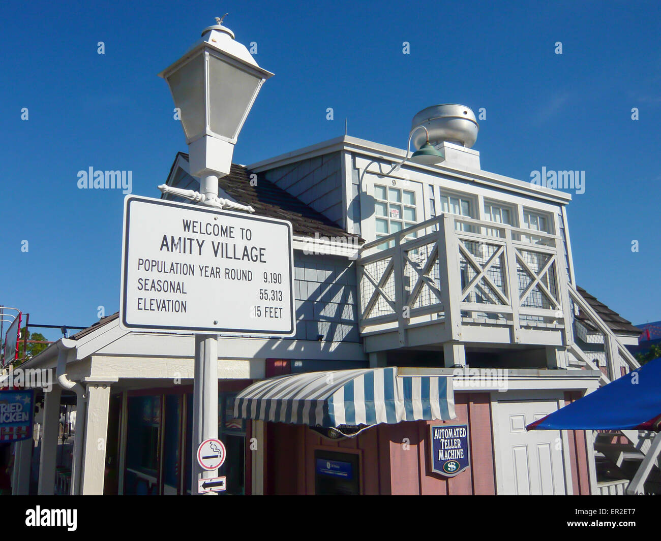 Sign welcoming visitors to Amity Village at Universal Studios Stock ...