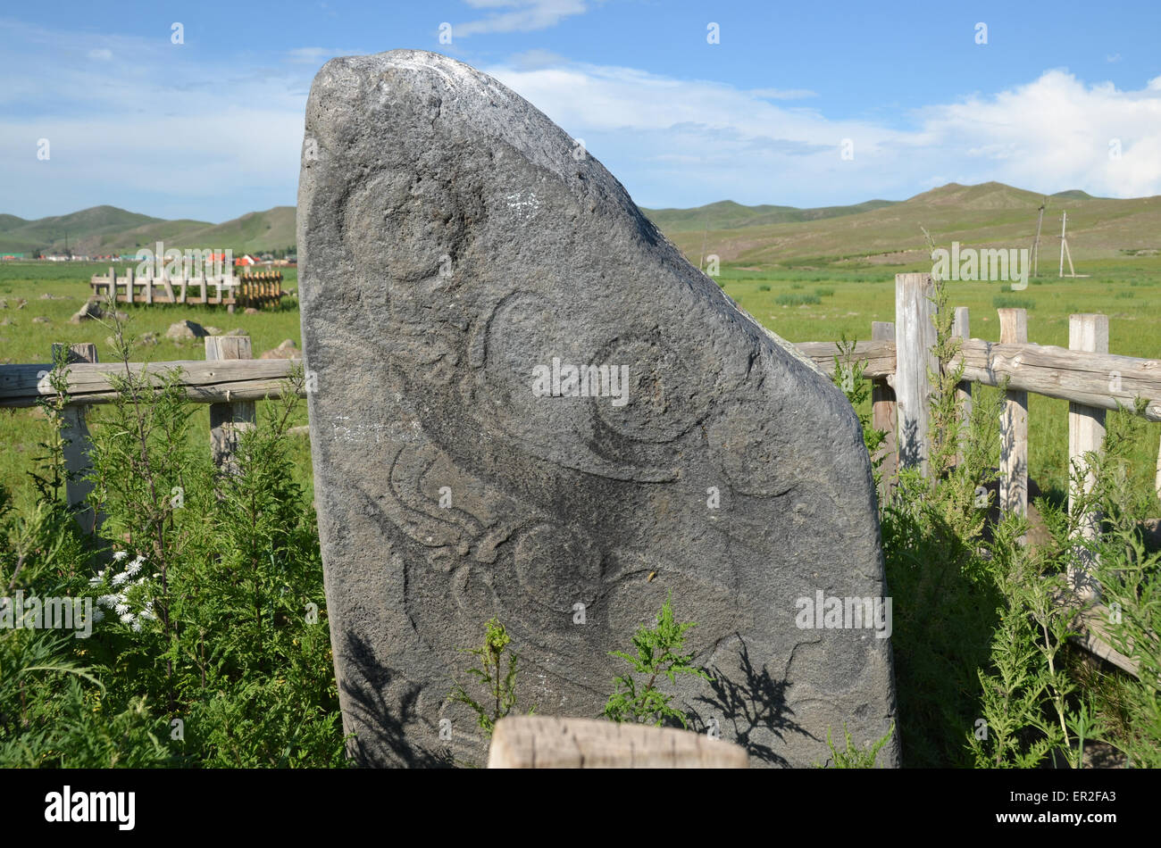 Detail of a deer stone in the village of Orkhon, Bulgan province ...