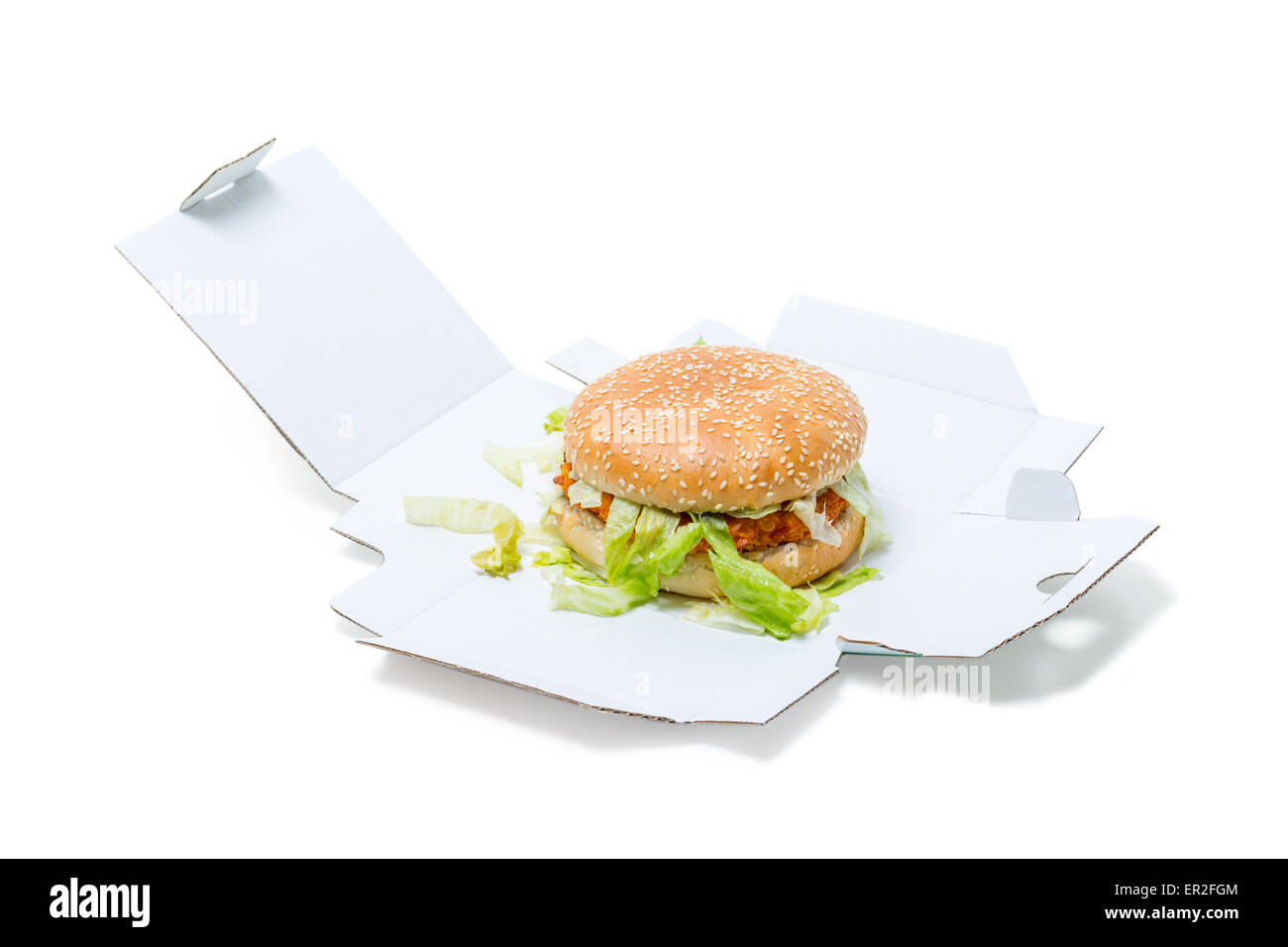 Chicken Burger in an open box isolated on white background Stock Photo ...