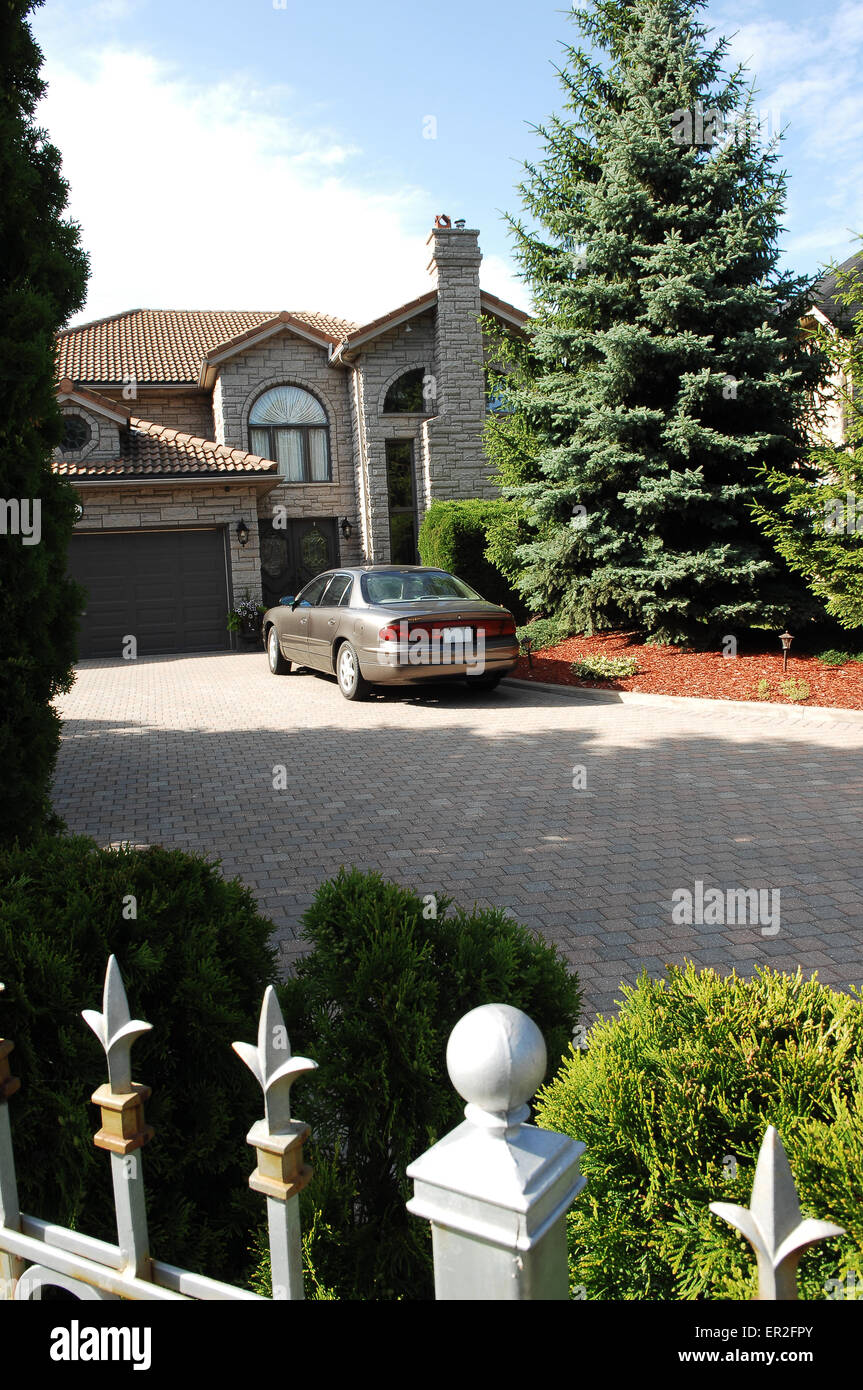 A big mansion with a large drive way, a car sitting on and a tall tree ...