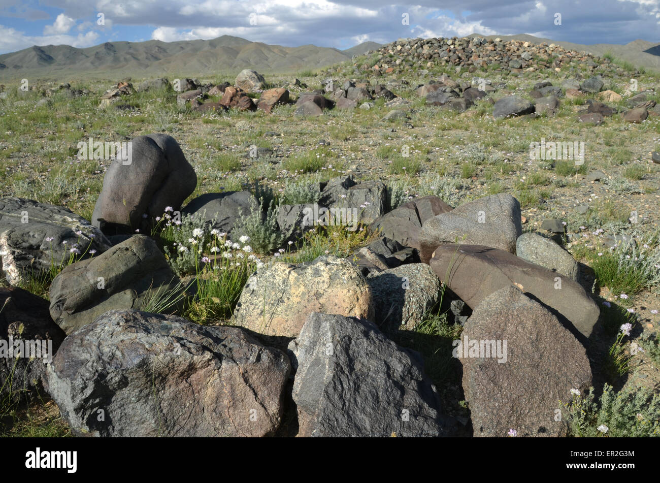 Funeral mounds, stone circles in the south east of Altai city, Govi ...