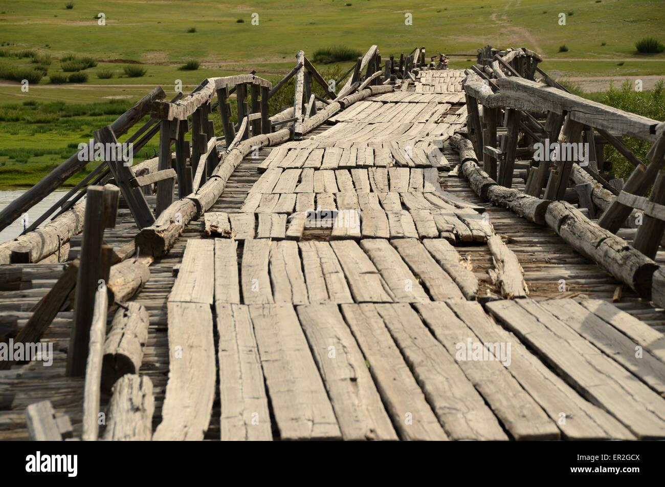 A wooden bridge over the Tamir river in the Arhangay province, Mongolia ...