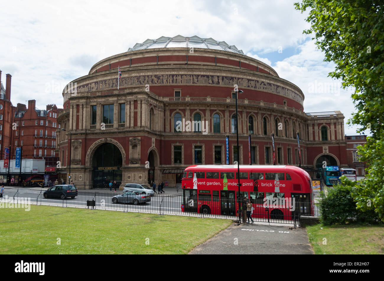 The Royal Albert Hall and modern red bus, London, England Stock Photo ...