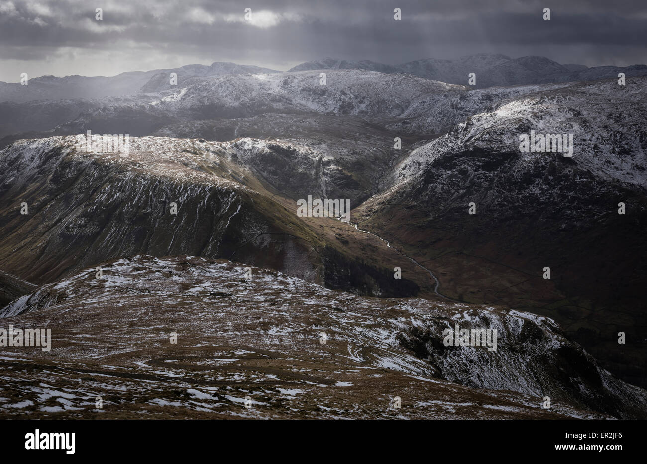 View over Birk Side, Wythburn and Steel Fell from Helvellyn in winter ...