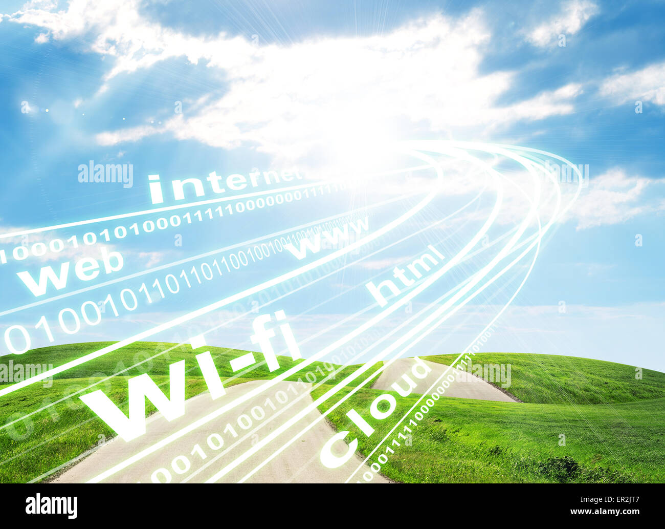 Landscape under blue sky with road Stock Photo - Alamy