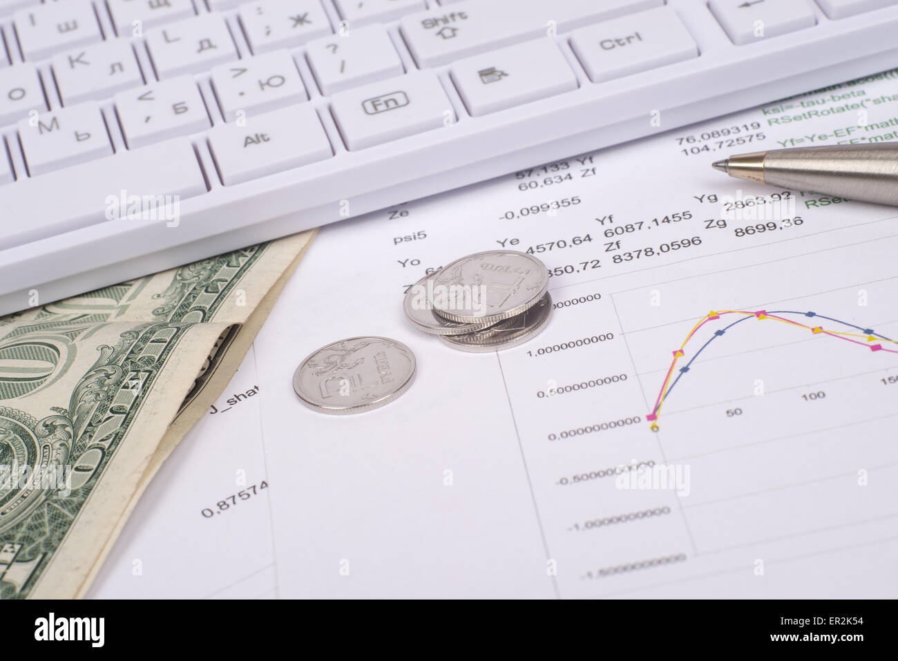 White keyboard with dollars and coins Stock Photo - Alamy