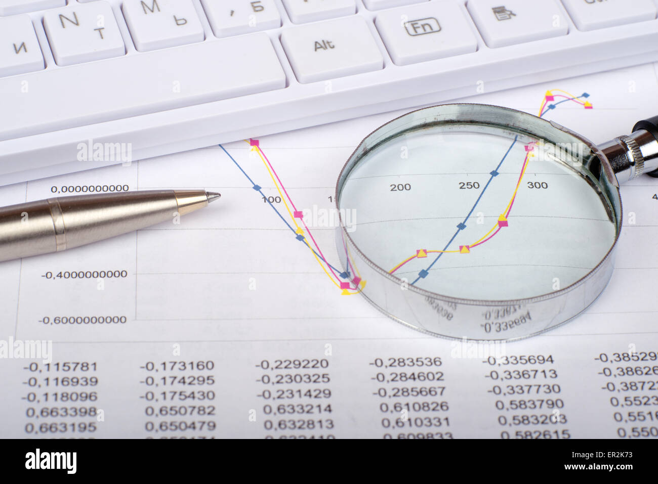 Hand glass on documents with graphs Stock Photo - Alamy