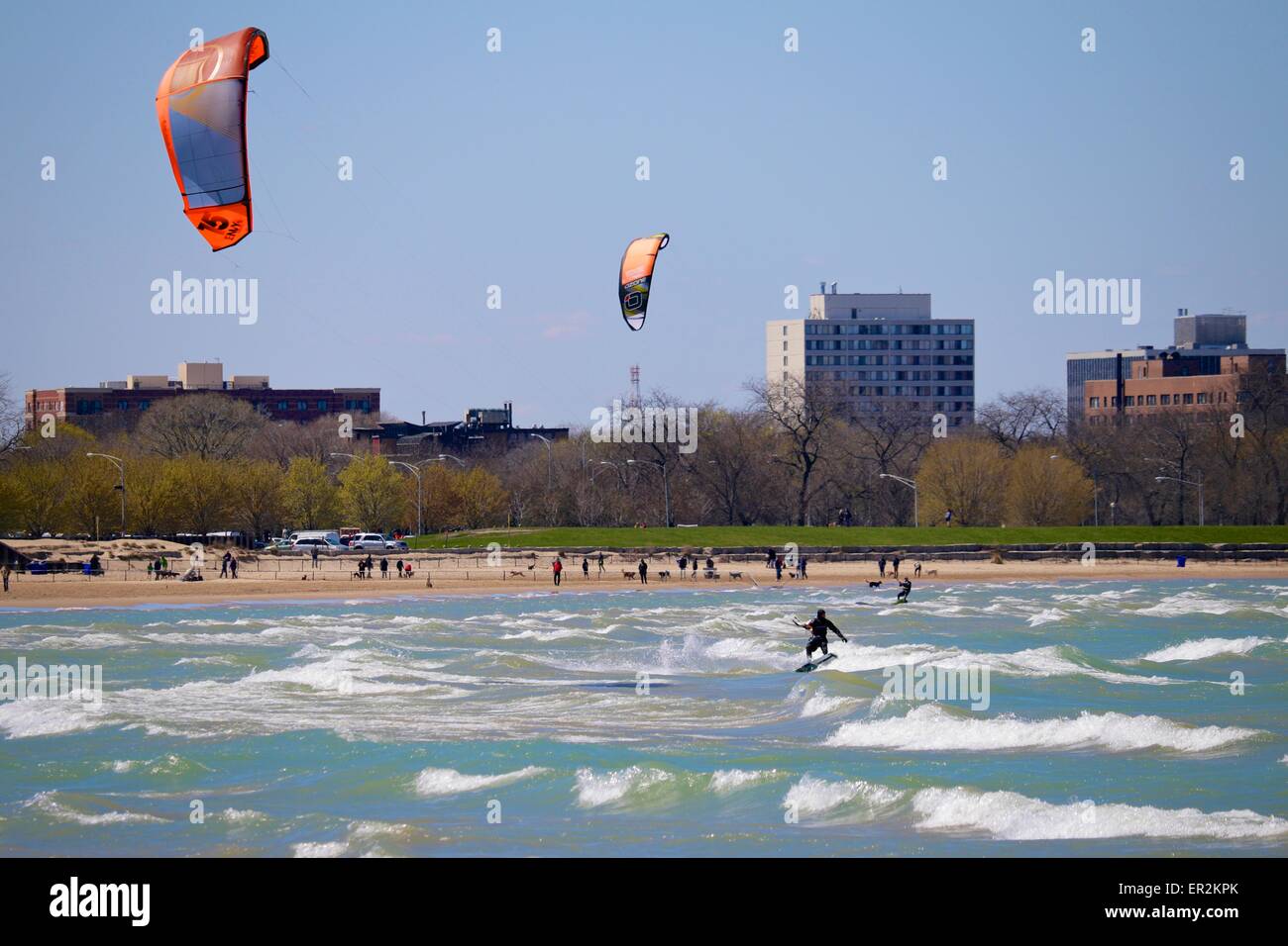 Kitesurfing the breakers at Montrose Beach, Chicago, Illinois Stock ...
