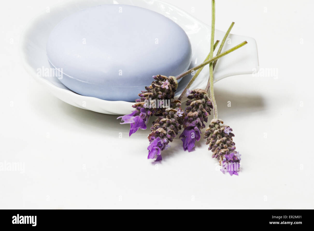 Lavender flowers with lavender soap still life on white background ...
