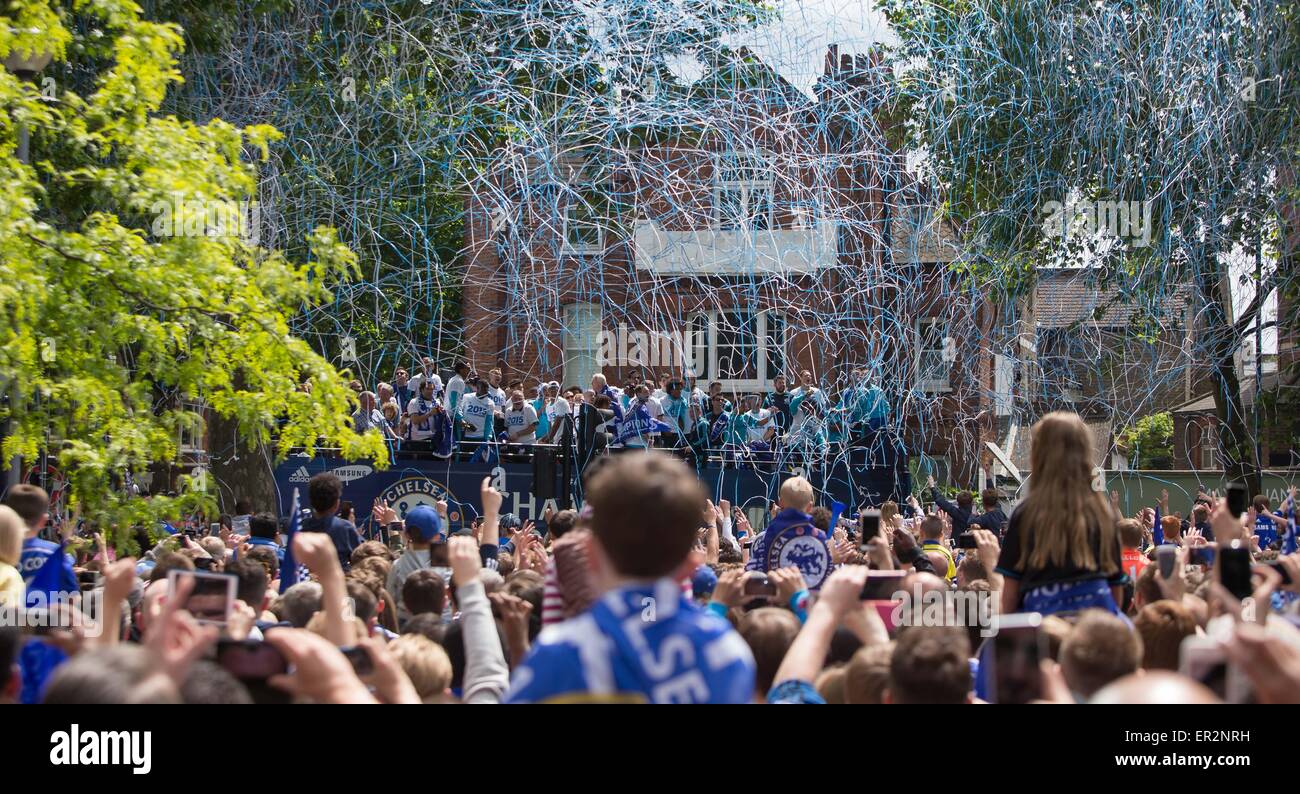London, UK. 25th May, 2015. Blue ticker tapes are released as the fans ...