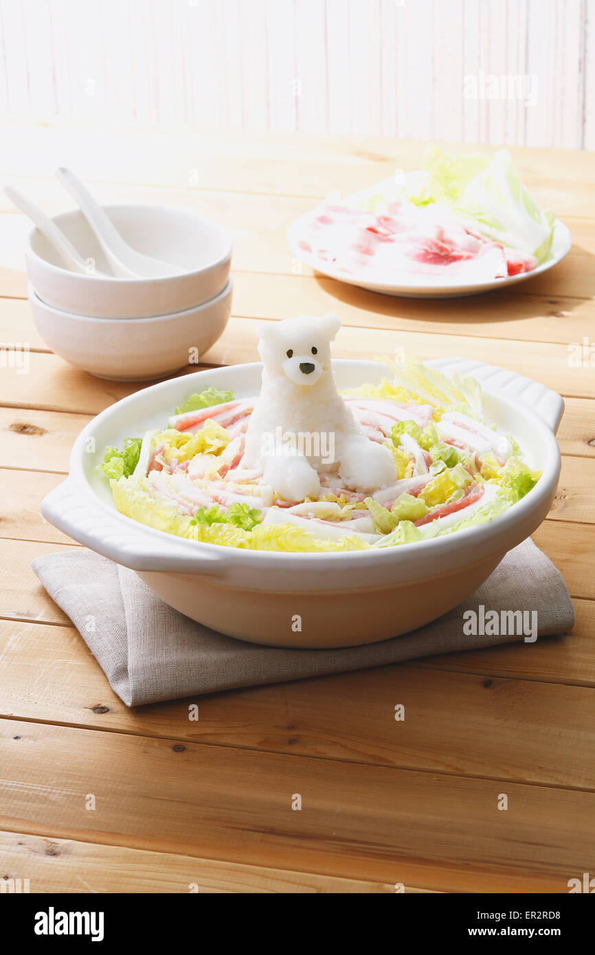 Japanese style casserole with grated radish animal decoration Stock ...