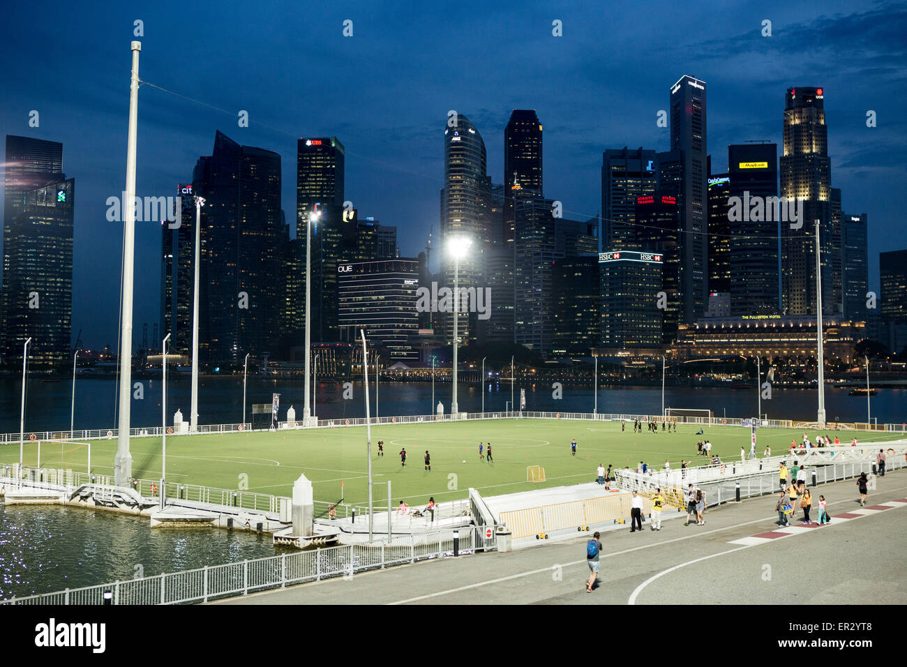 A view over the grandstand and Marina Bay towards the financial ...