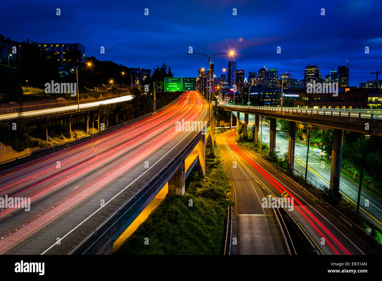 Long exposure at night of I-5, seen from Lakeview Boulevard, in Seattle ...