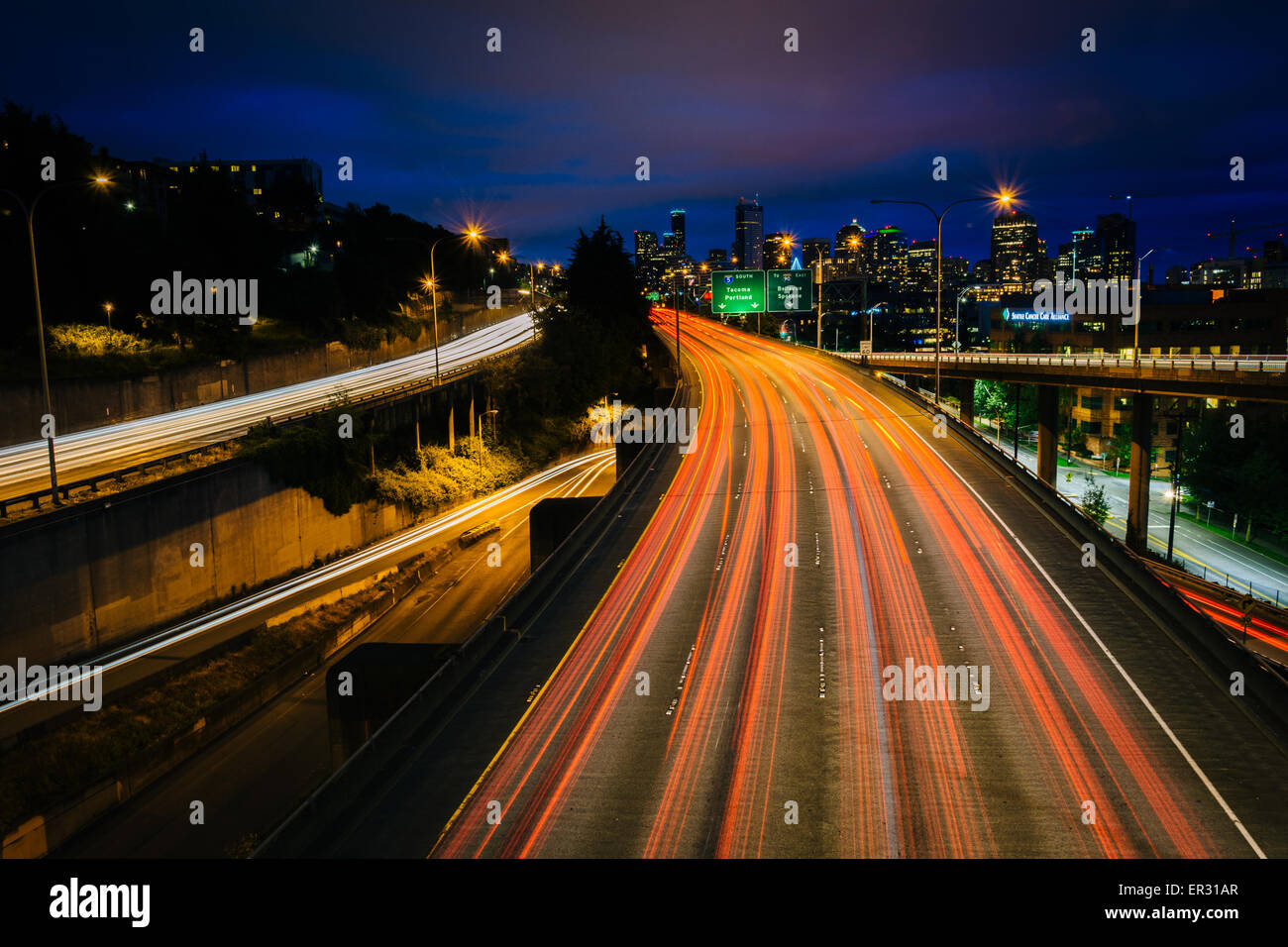 Long exposure at night of I-5, seen from Lakeview Boulevard, in Seattle ...