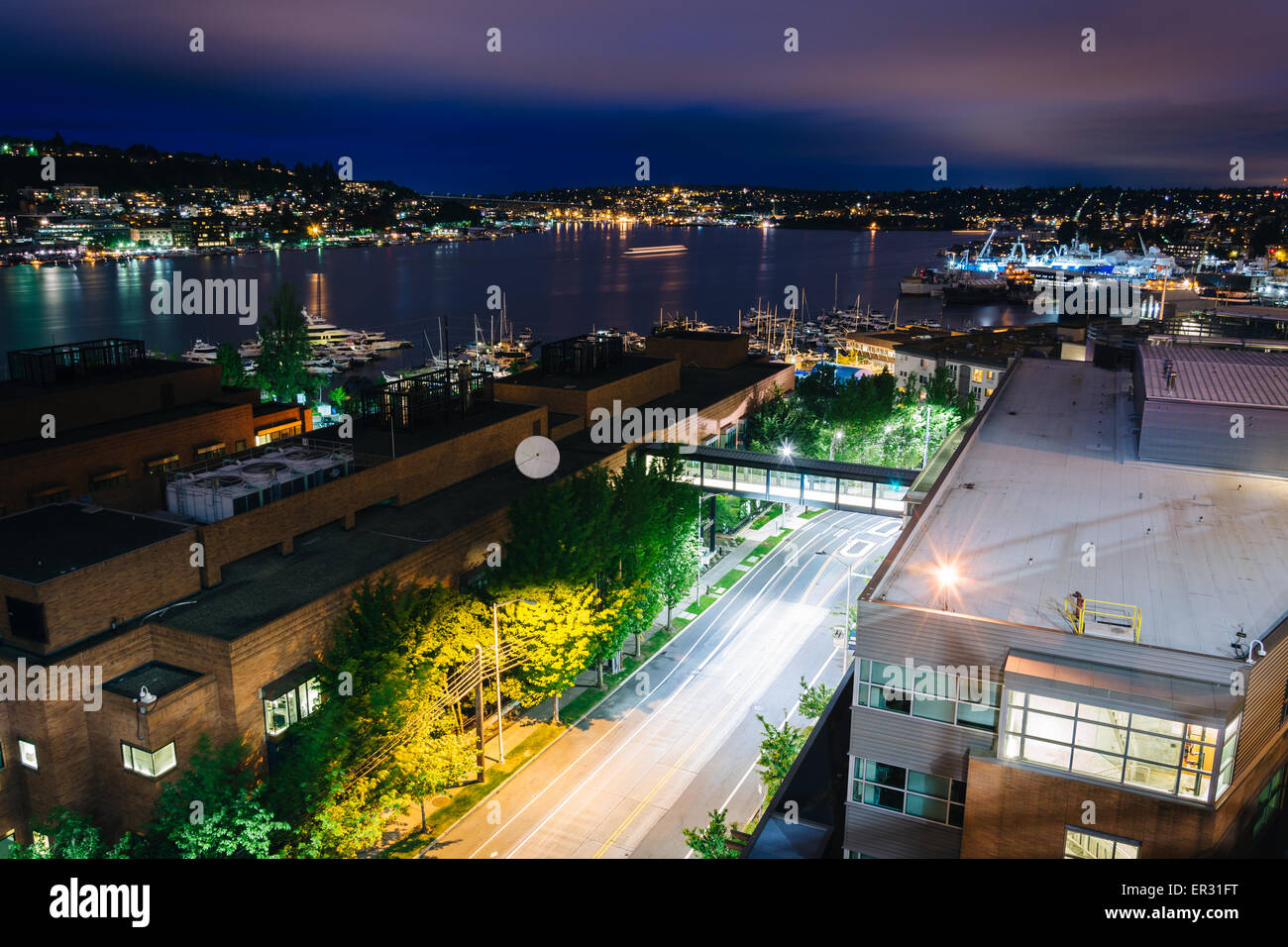 View of Lake Union from Lakeview Boulevard at night, in Seattle ...
